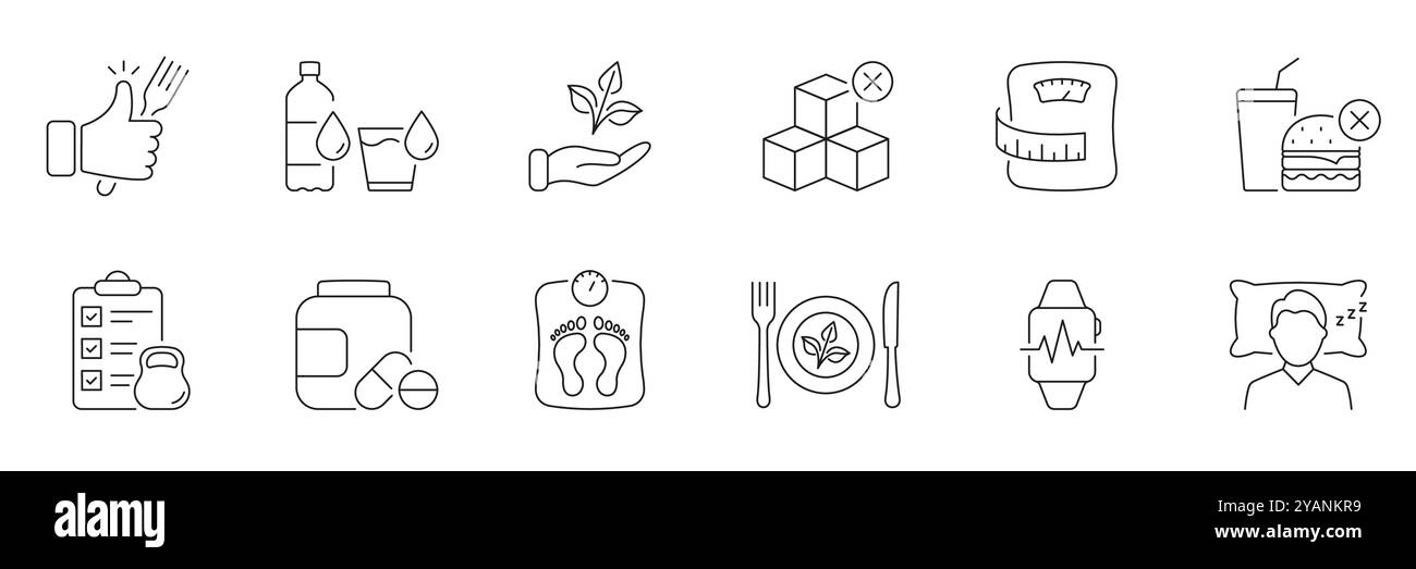 Healthy Living and Nutrition Line Icon Set, Featuring Diet, Hydration ...