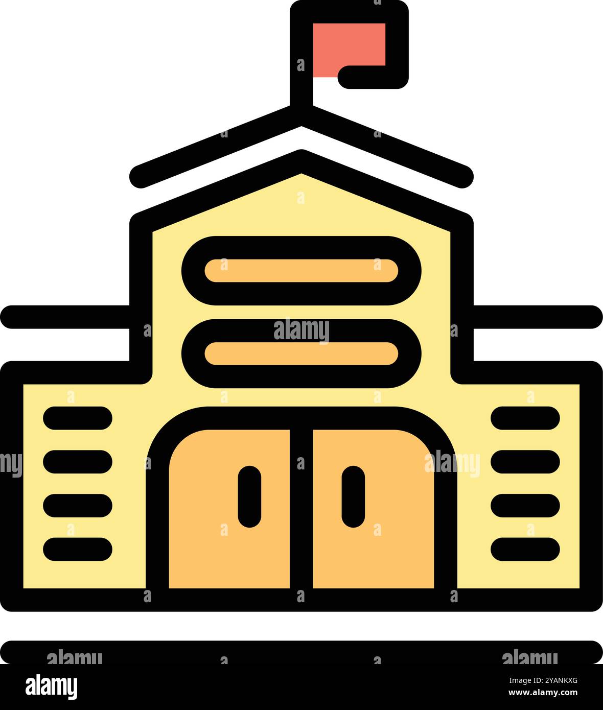 Simple colorful school building facade with flag waving on roof ...