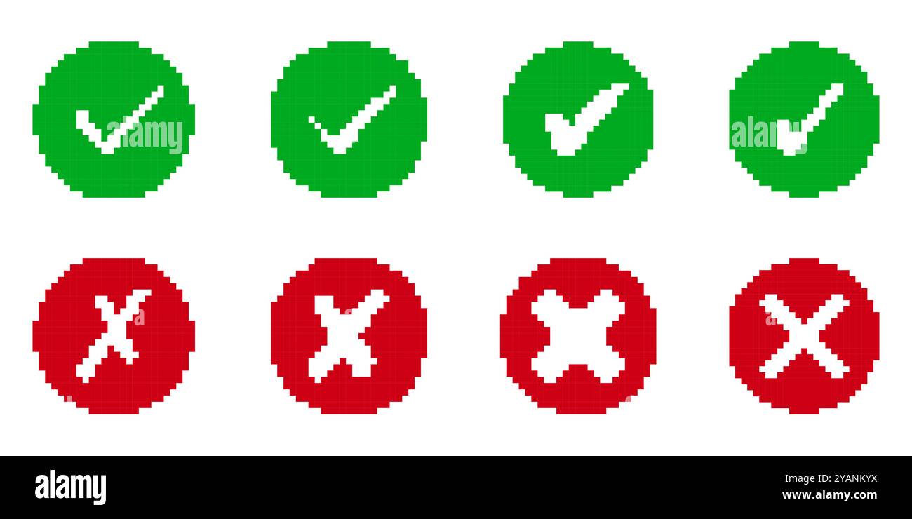 Circular Green Checkmark and Red Cross Pixel Icon Set. Retro Pixelated ...