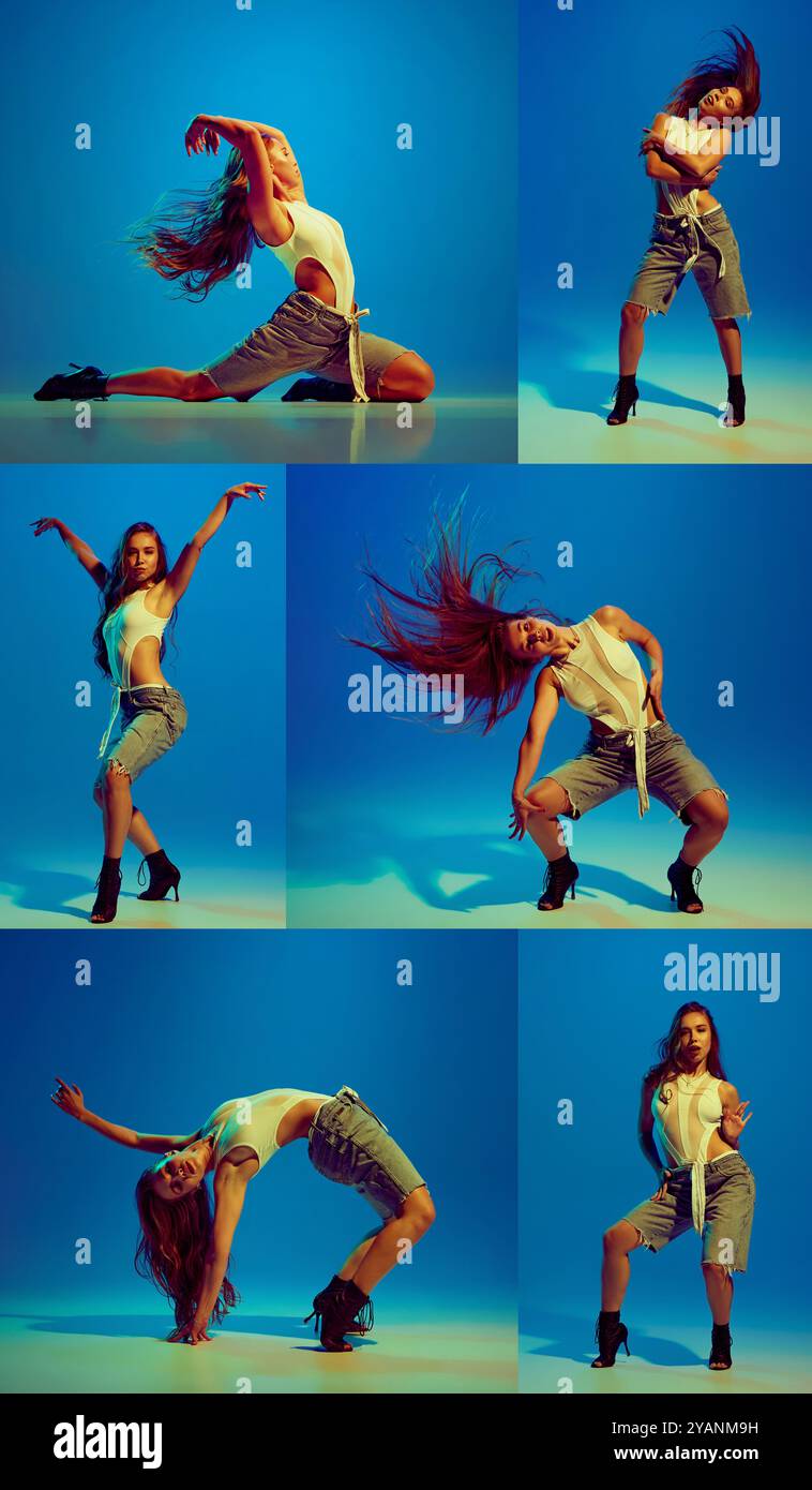 Collage. Young beautiful women in high heels dancing passionately ...