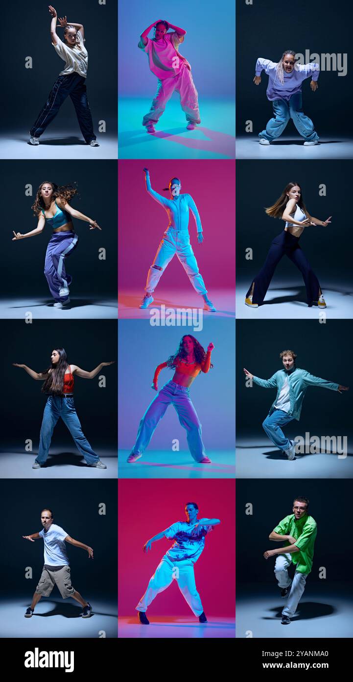 Vertical collage. Dynamic images of artistic people, men and women in ...