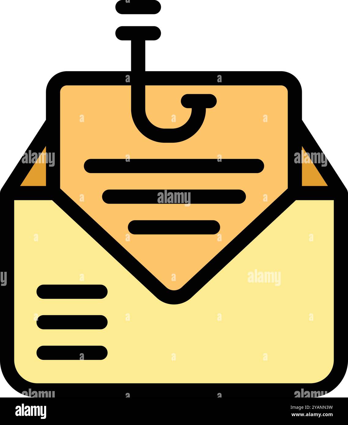 Open yellow envelope with letter and fishing hook depicting phishing ...