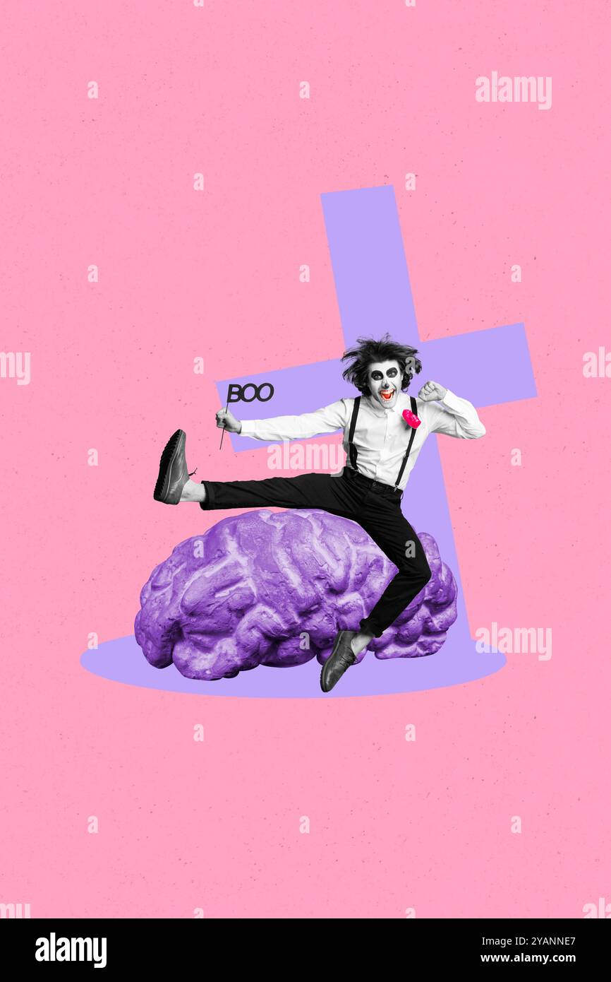 Vertical photo collage of mexican guy muertos jump boo halloween organ ...