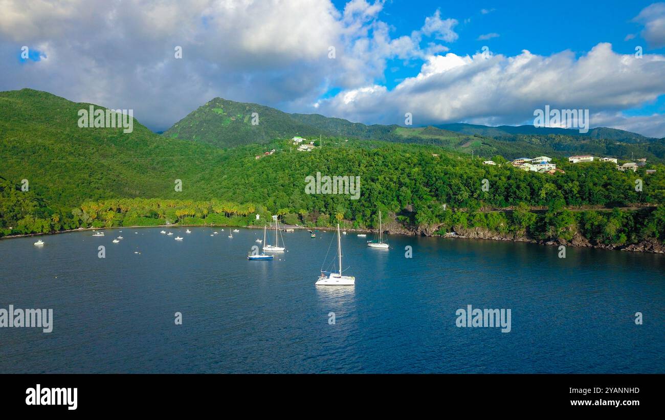 Colorful Bay with the Small Boats among the Green Mountains, Guadeloupe ...