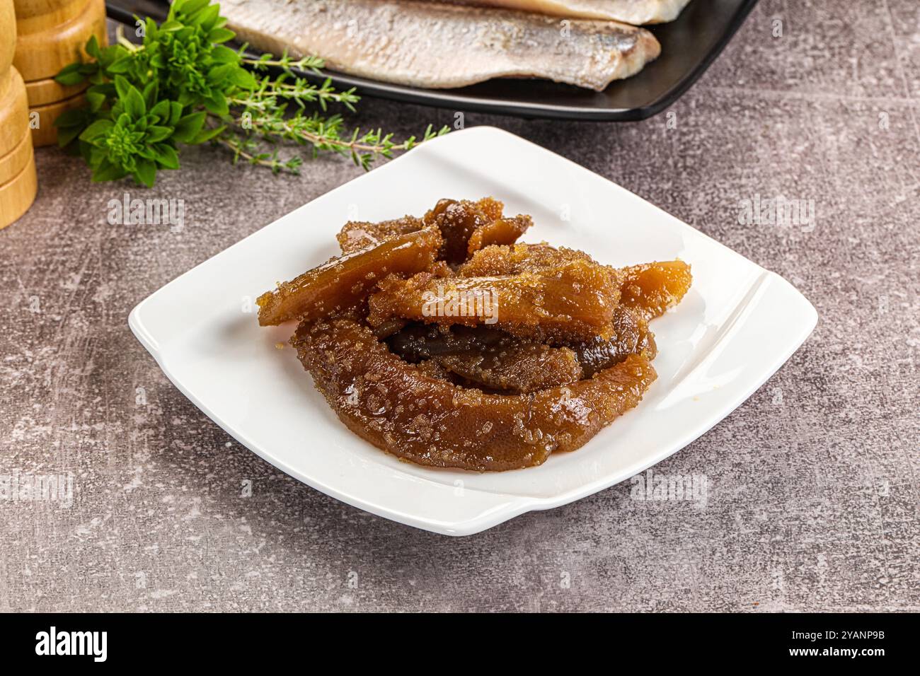 Salted Herring roe snack in the plate Stock Photo - Alamy