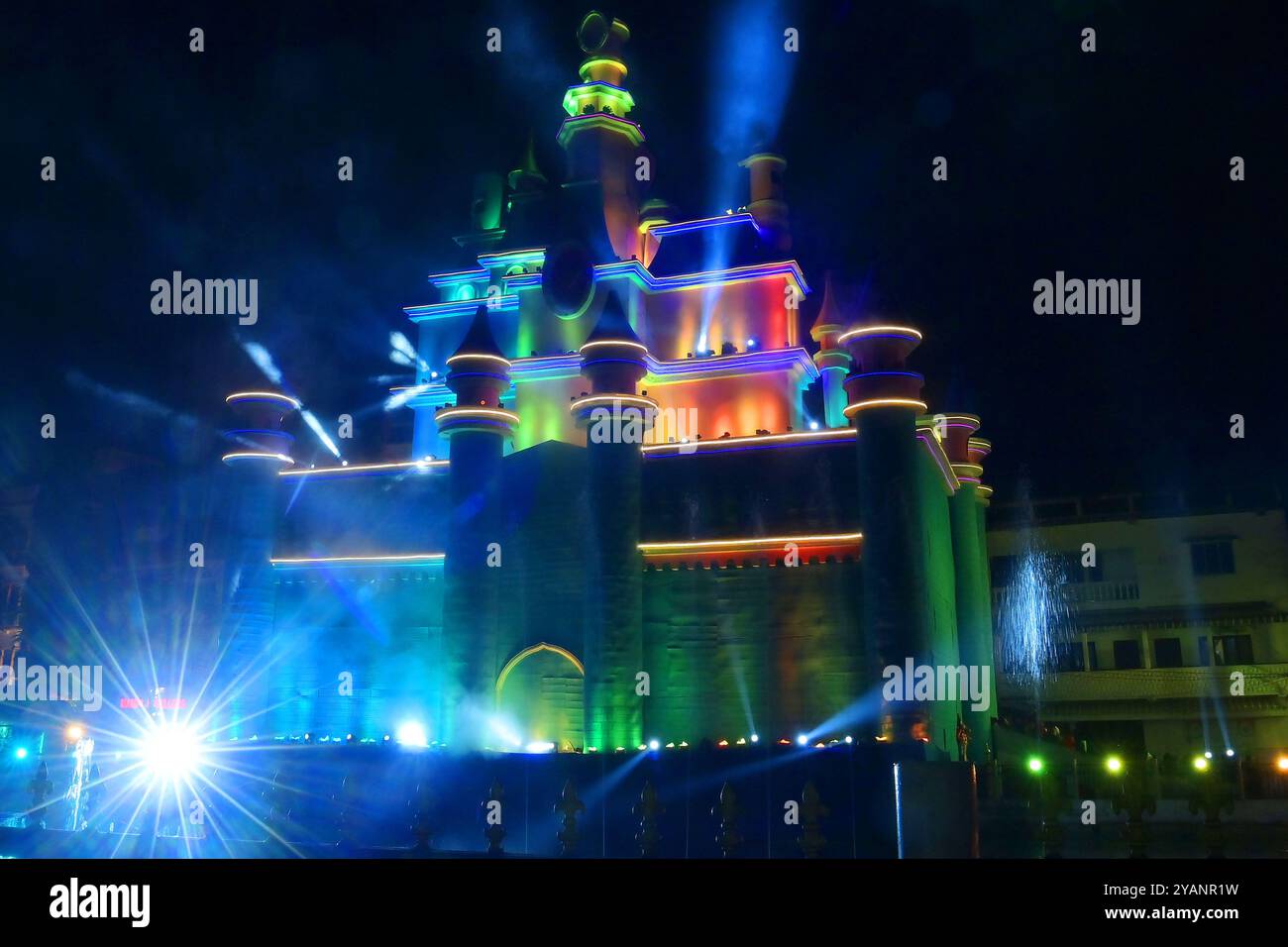 An illuminated "pandal", or temporary platform is seen where the idols ...