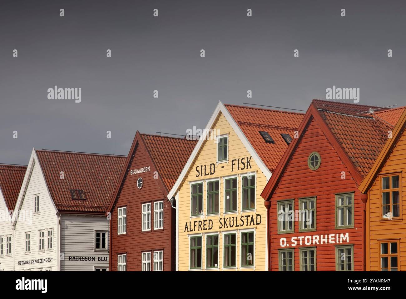 Traditional timber buildings at the Hanseatic Wharf, Bryggen, Bergen ...