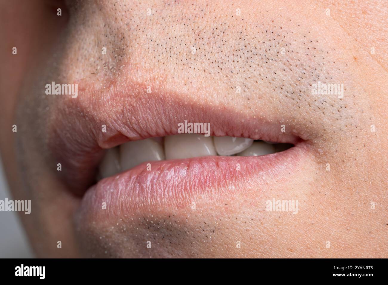 Caucasian man mouth with parted lips, visible white teeth, clean-shaven ...