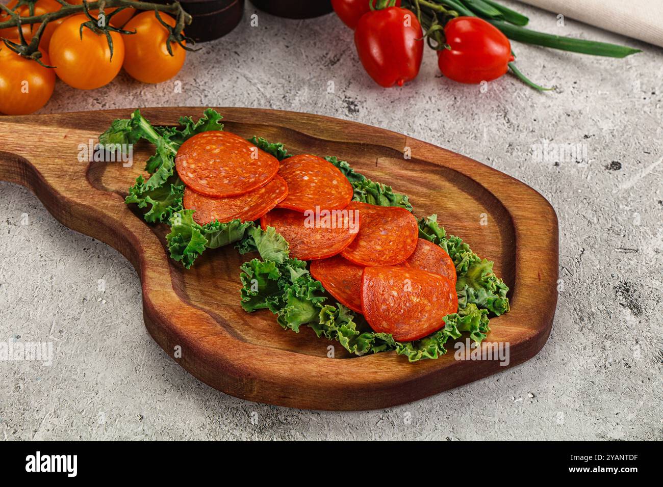 Spanish salami cured chorizo sausage slices Stock Photo - Alamy