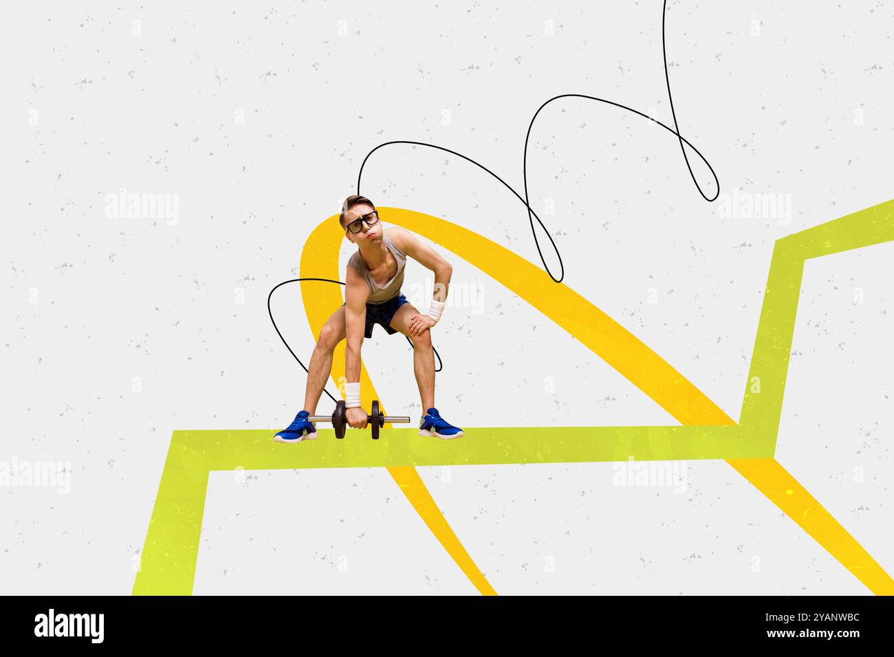 Creative collage young man athlete lift dumbbell sportsman activity ...