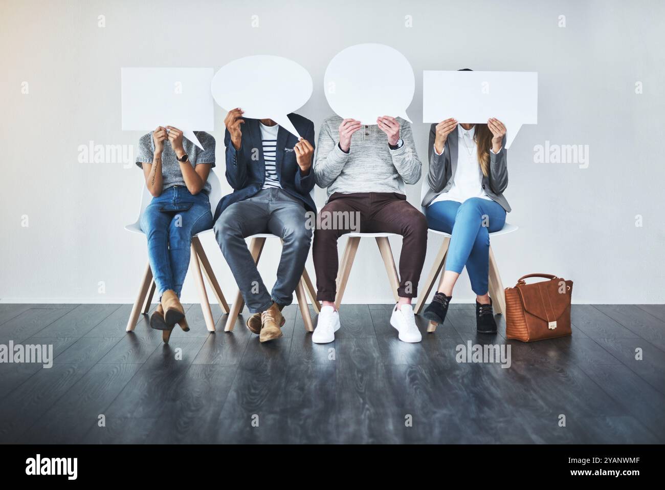 Group, job interview and row in waiting room, speech bubble and ...