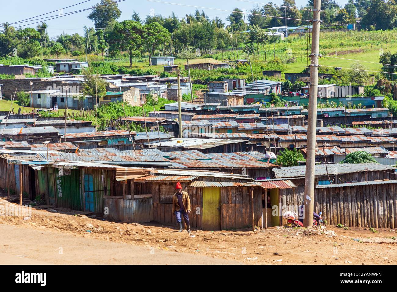 Shanty town with houses made from corrugated iron sheeting ...