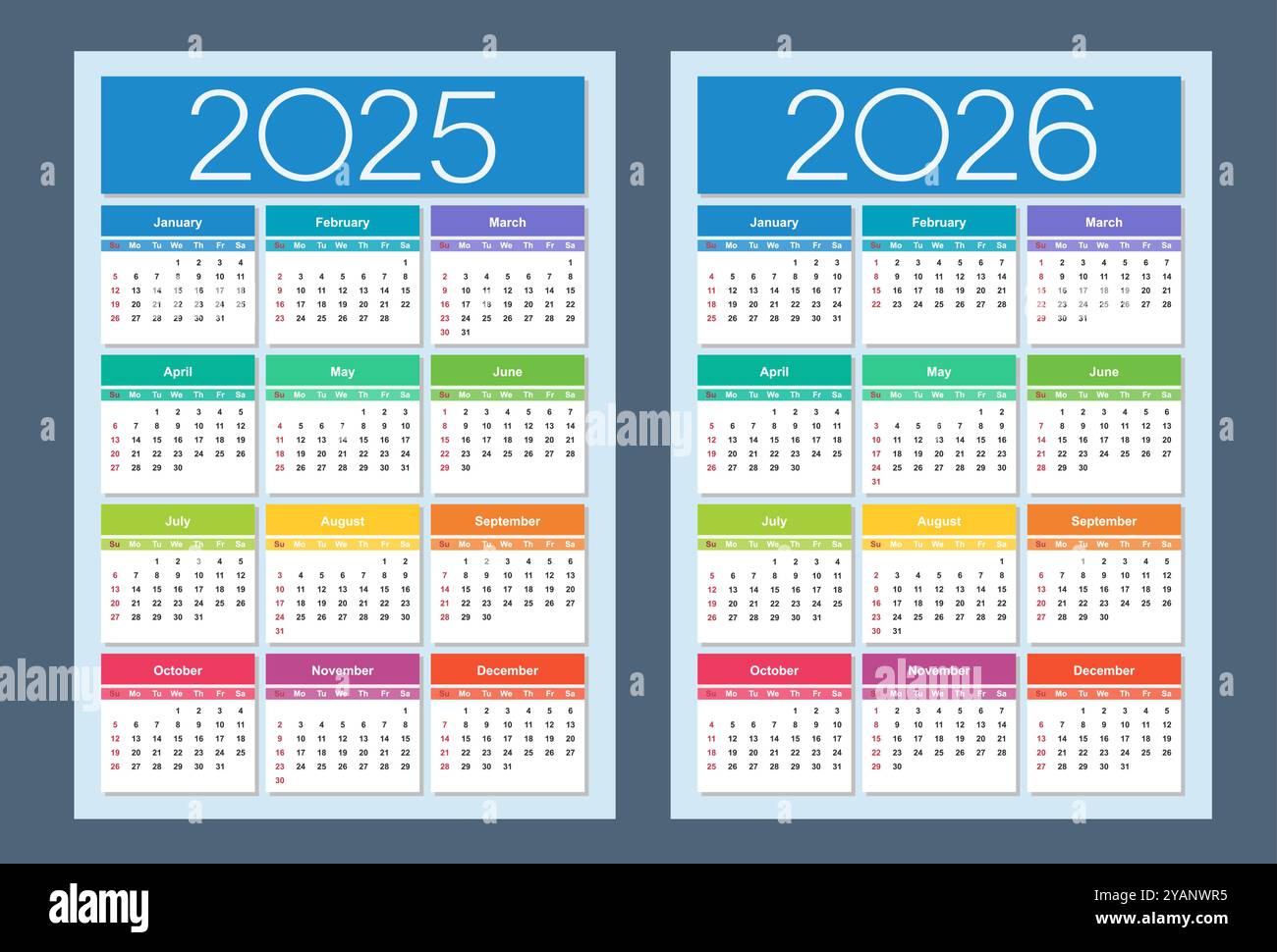 Colorful calendar for 2025, 2026 years. Week starts on Sunday. Vertical calendar design template ...
