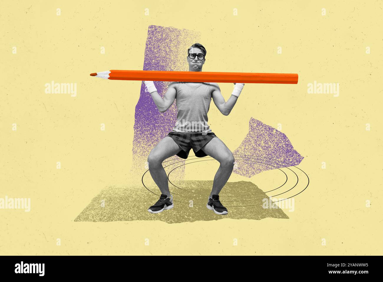 Creative collage picture young man lift heavy pencil effort sport ...