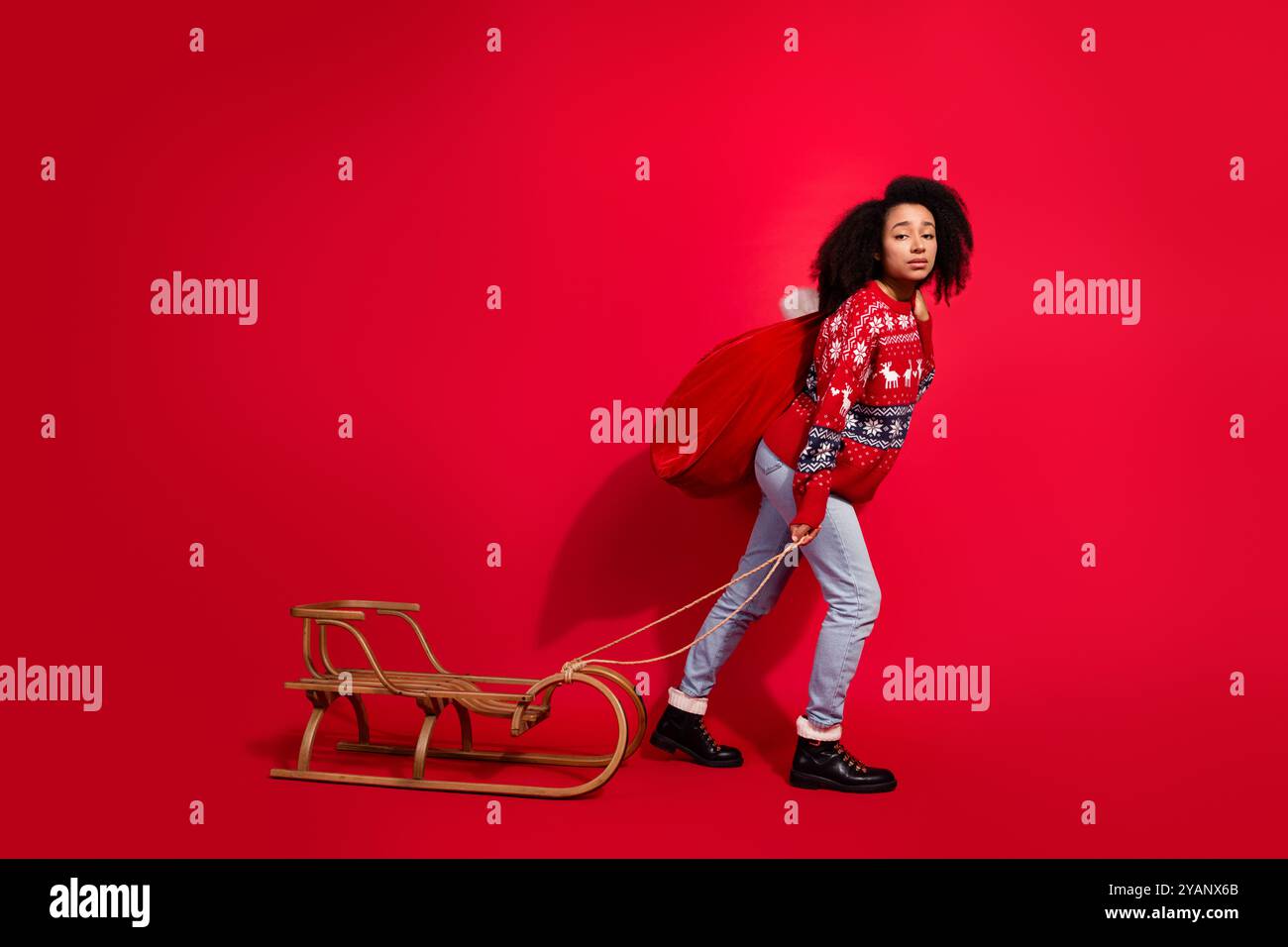 Full body photo of attractive young woman pull heavy sledge carry gift ...