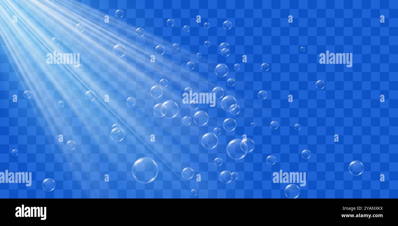 Bubbles of air or carbonated water underwater rise up under sunlight. Realistic 3d vector on ...