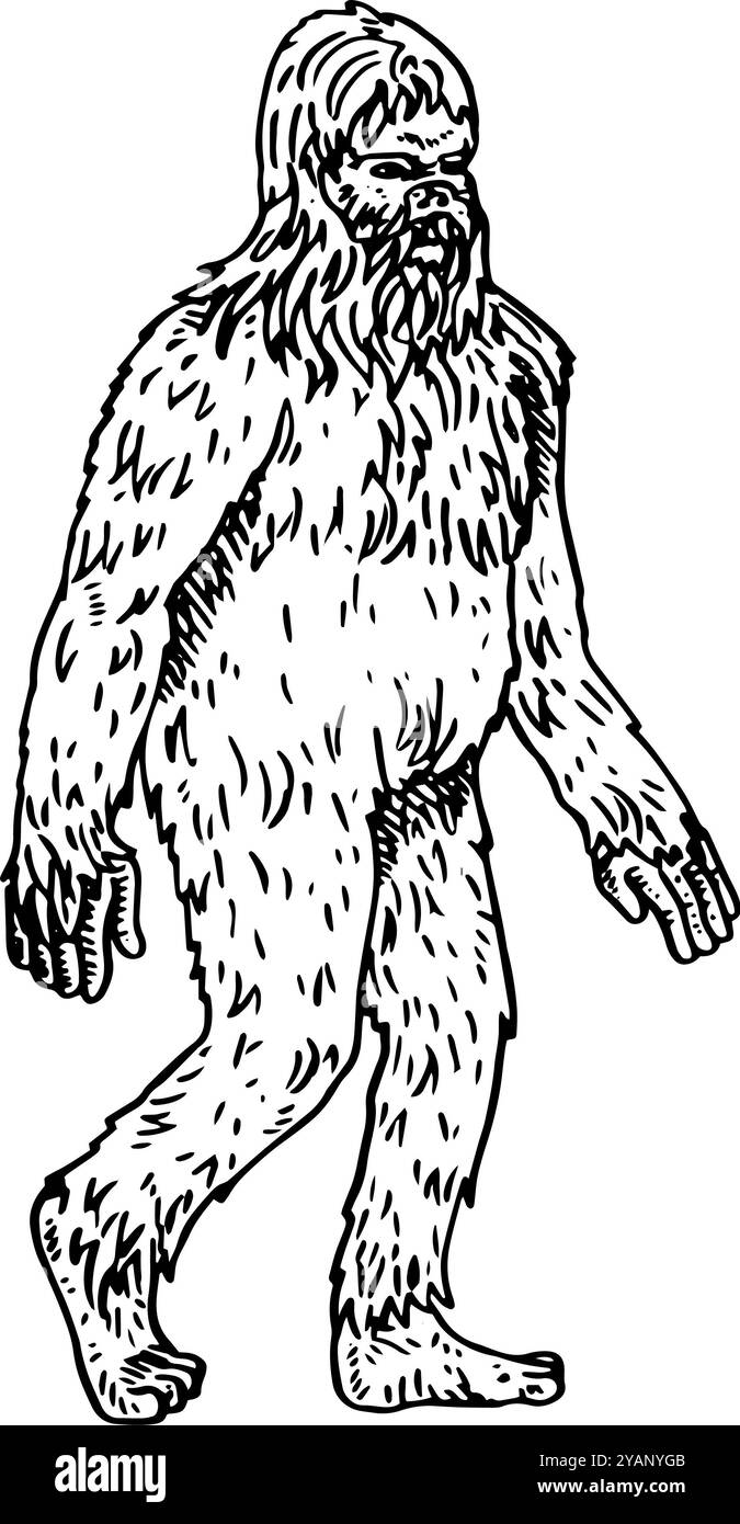 Yeti - hand drawn illustration of mythological beast in black and white ...