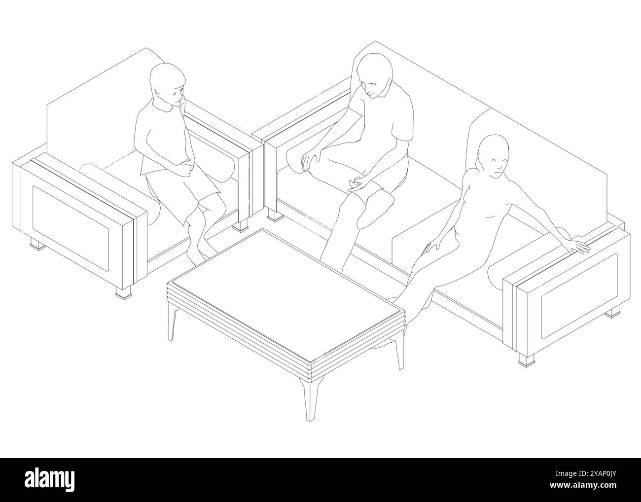 Outline of people sitting on sofa and chair at table. Isometric view ...
