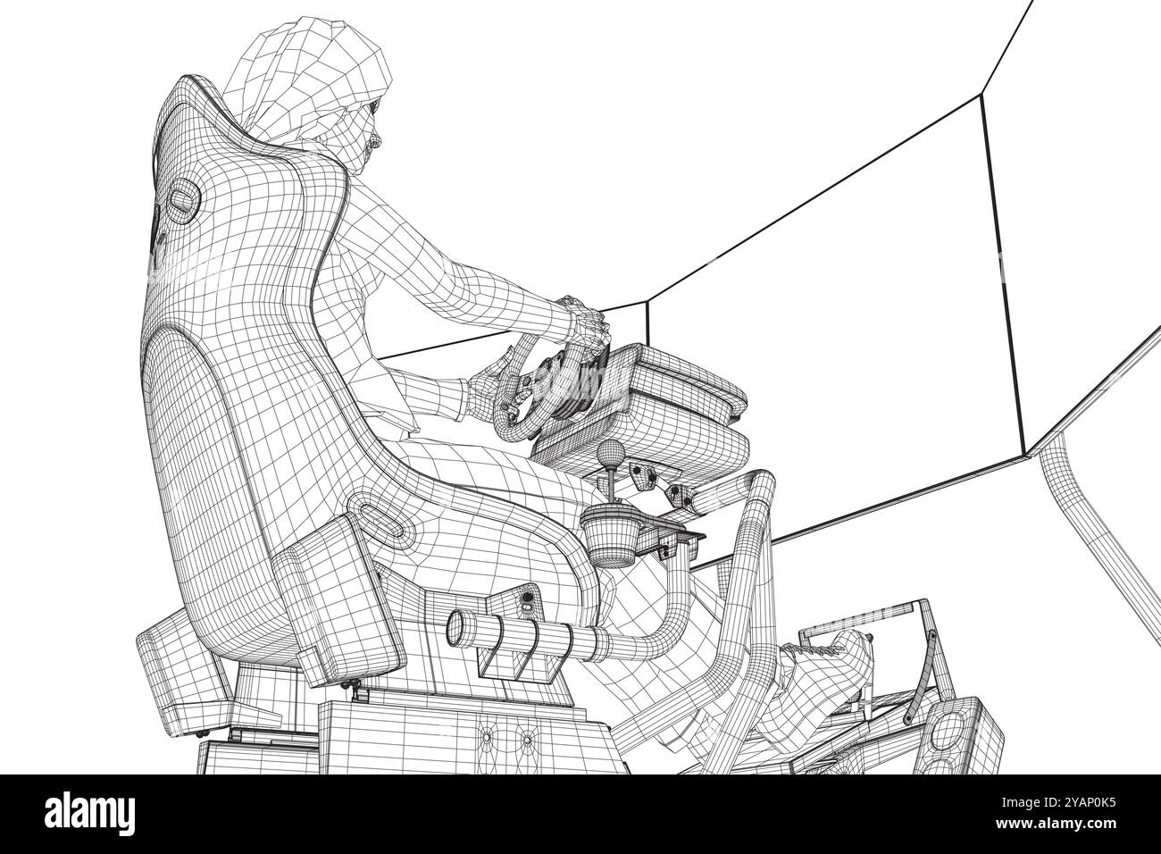 Wireframe of a girl sitting at a realistic gaming simulator with a ...