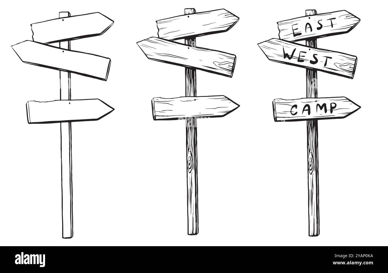 Signpost wooden set sketch in hand drawn style for adventure or camping ...