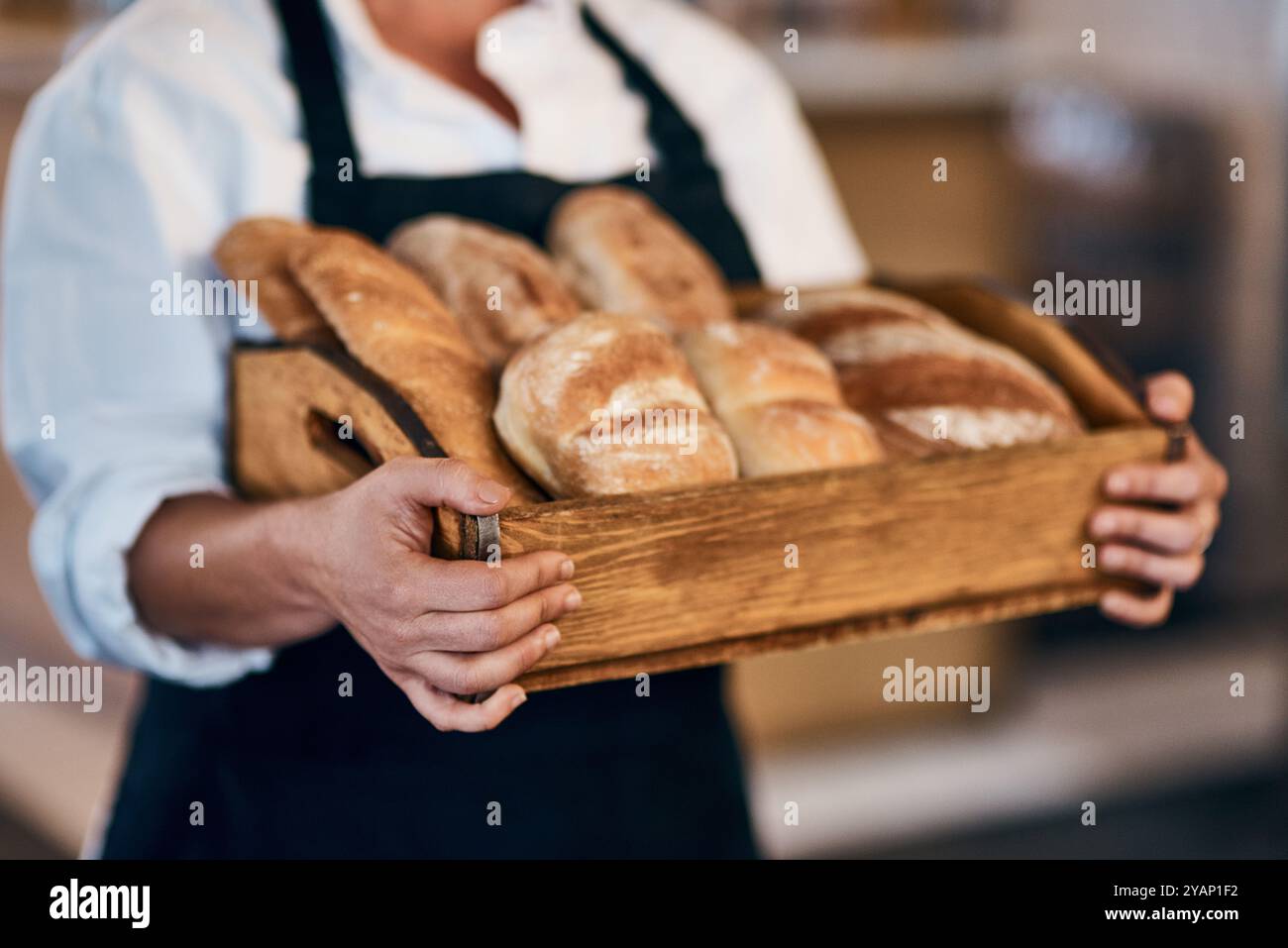 Bakery, box and hands of waiter with bread for serving food, products ...
