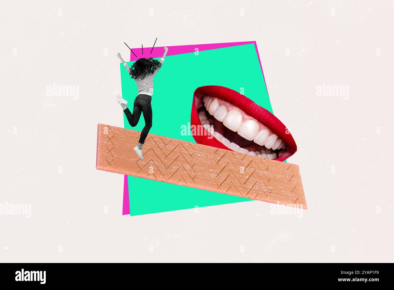 Creative photo collage young woman celebrate positive mood jump victory ...