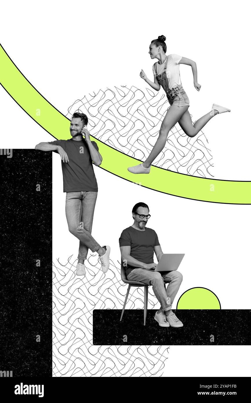 Vertical photo collage of happy business people collaboration freelance ...