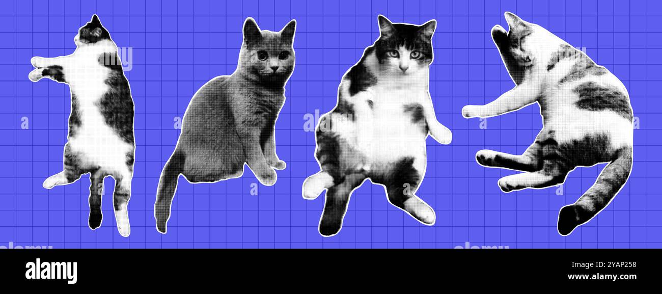 Trendy set of funny cats. Vintage halftone effect. Y2k collage design ...