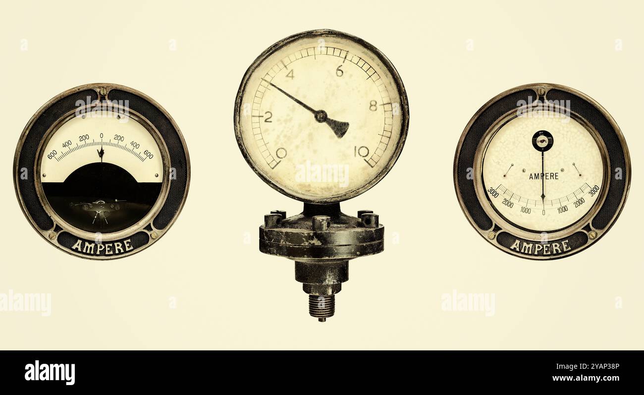 Three old industry meters on a sepia background Stock Photo - Alamy