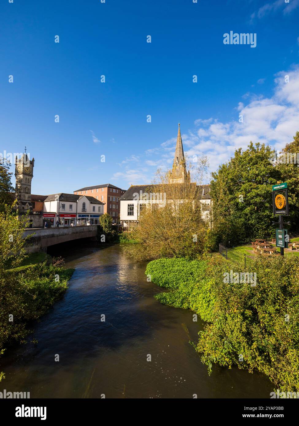 Landscape of River Avon, with Clock Tower, Spire of Salisbury Cathedral ...