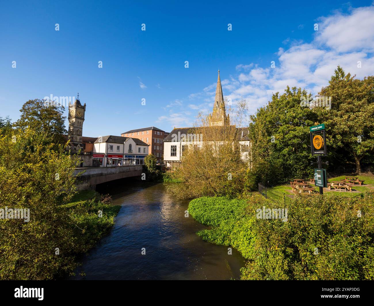 Landscape of River Avon, with Clock Tower, Spire of Salisbury Cathedral ...