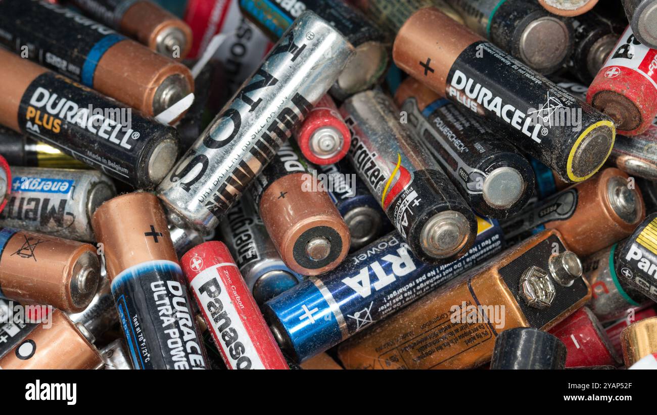 a large pile of used household batteries for recycling. UK Stock Photo ...