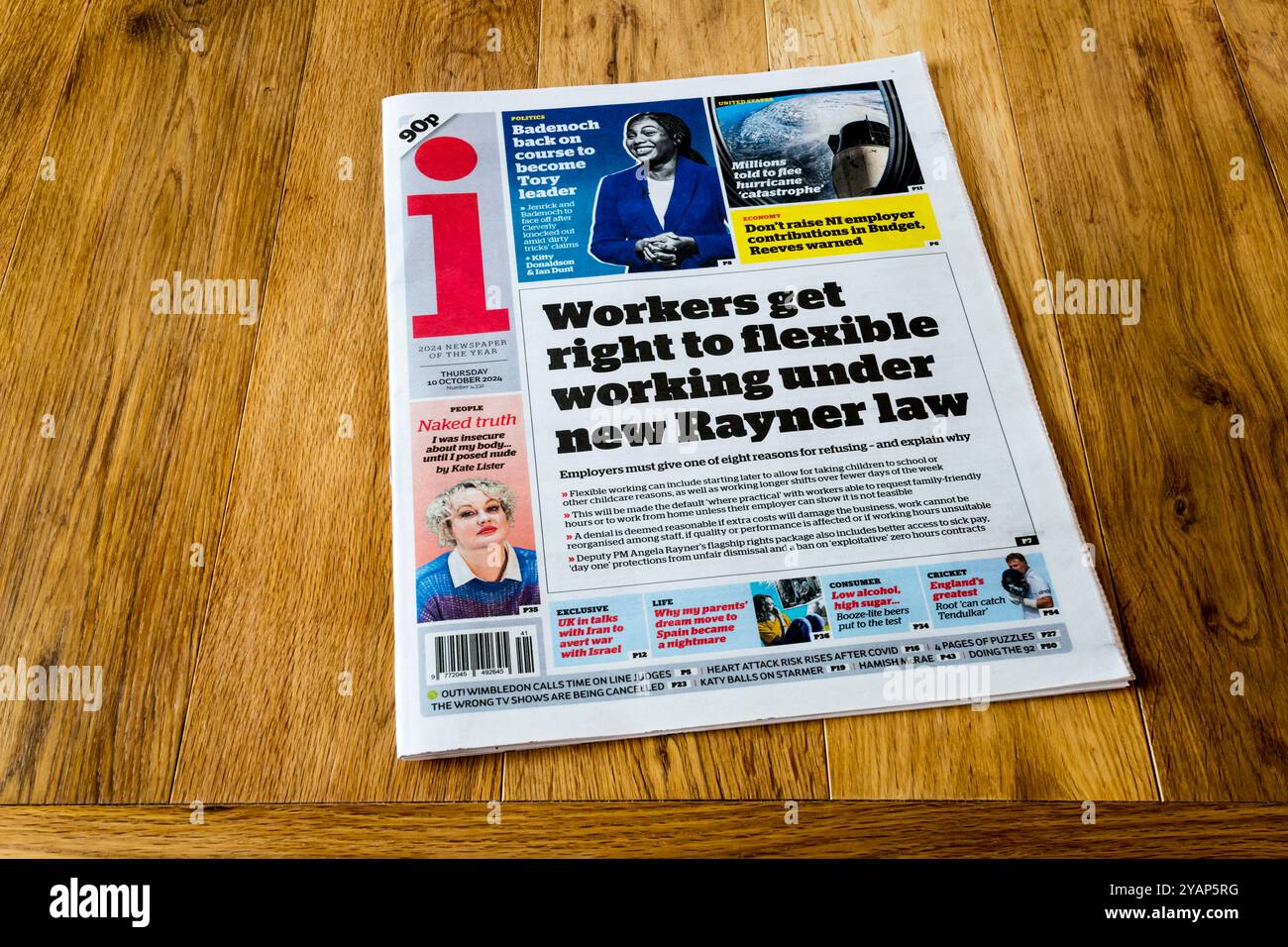 10 October 2024. Headline in i newspaper reads Workers get right to ...