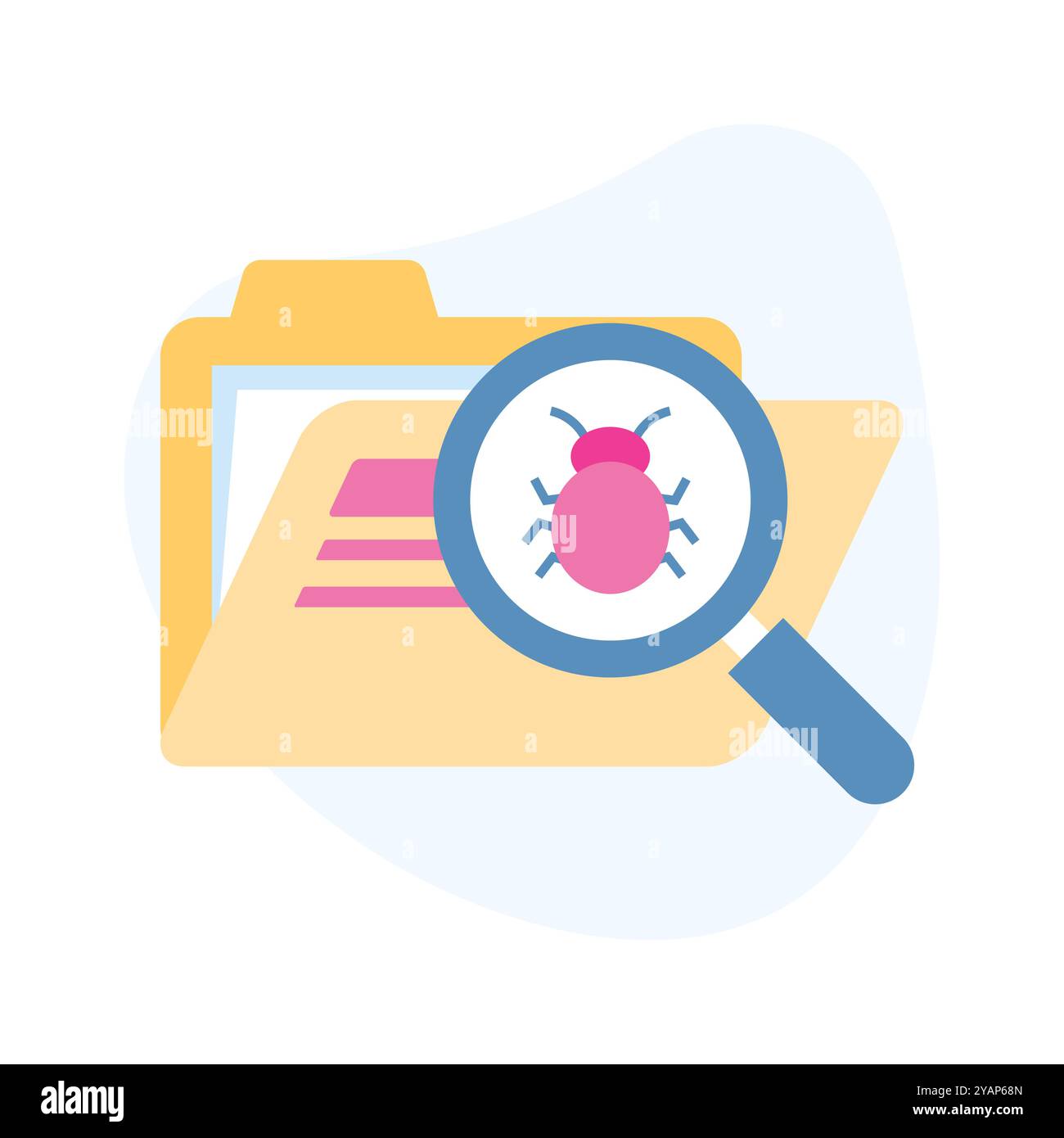Bug under magnifier with data folder denoting icon of bug searching, virus scanning vector Stock ...