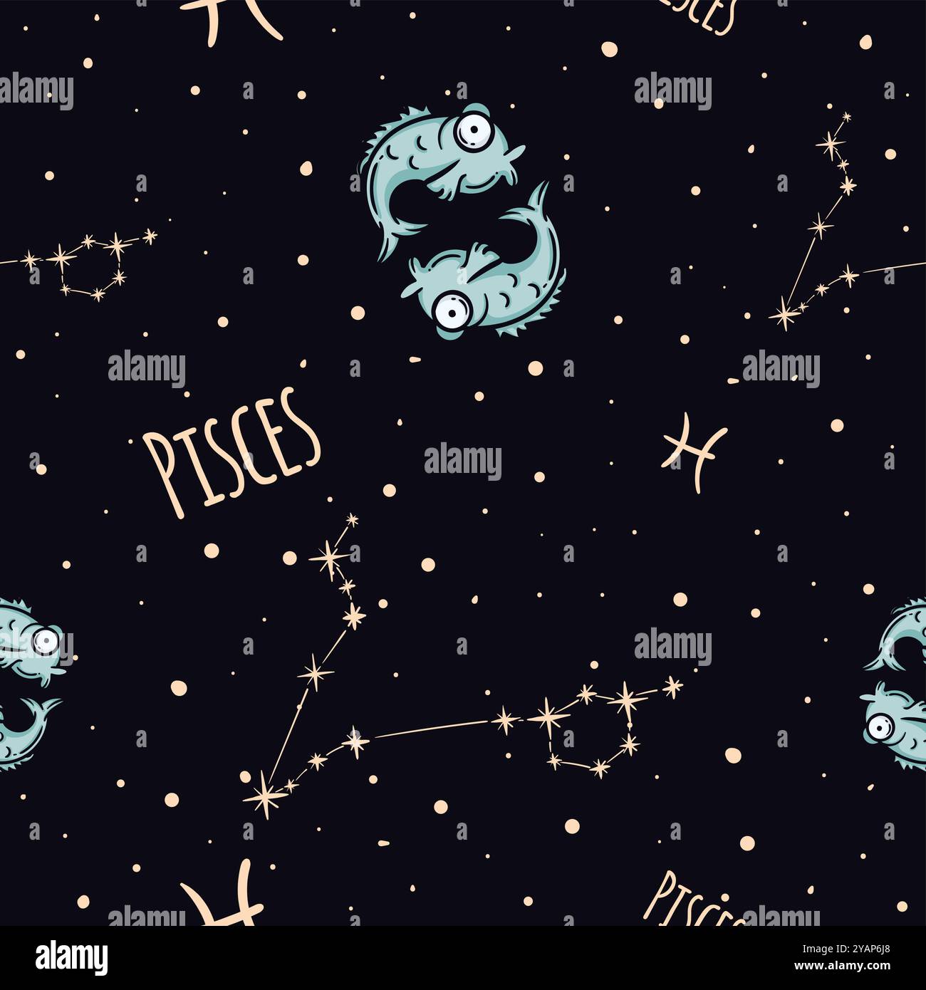 Vector seamless pattern with the zodiac sign Pisces. Background with starry sky and ...