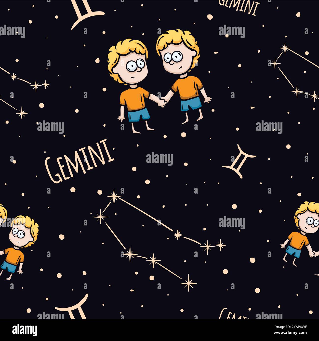 Vector seamless pattern with the zodiac sign Gemini. Background with ...