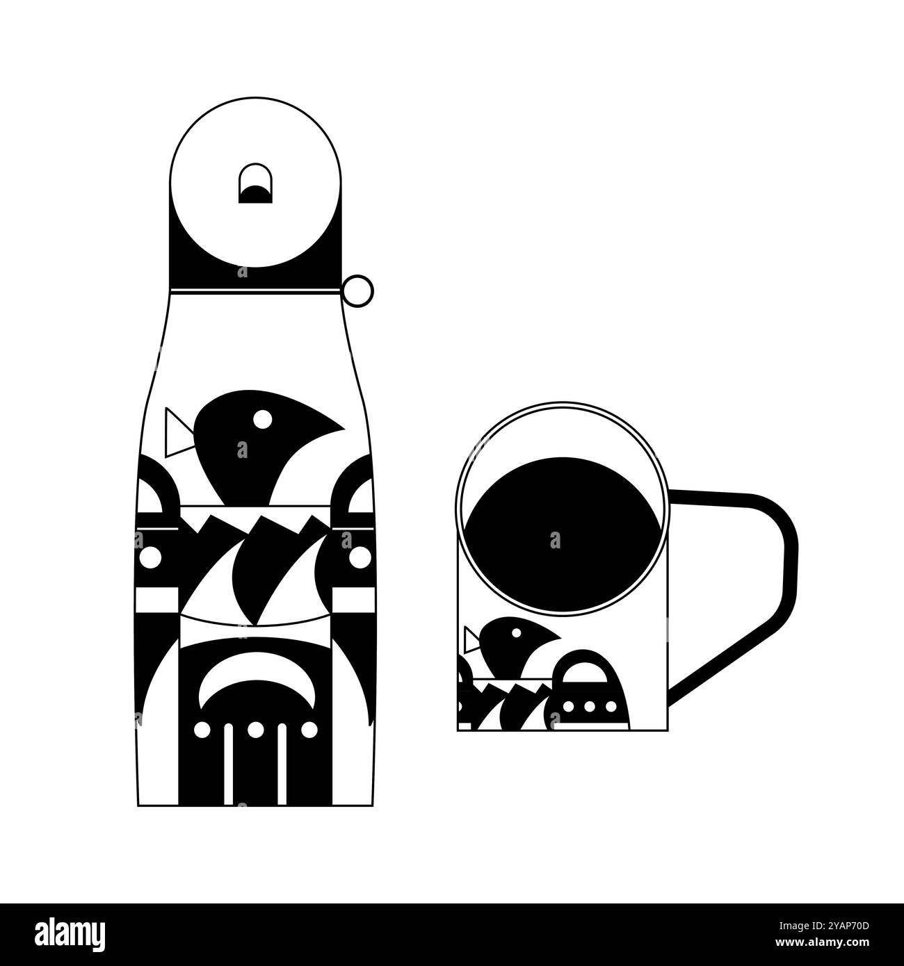 A camping water bottle and mug decorated with Native American folk ...