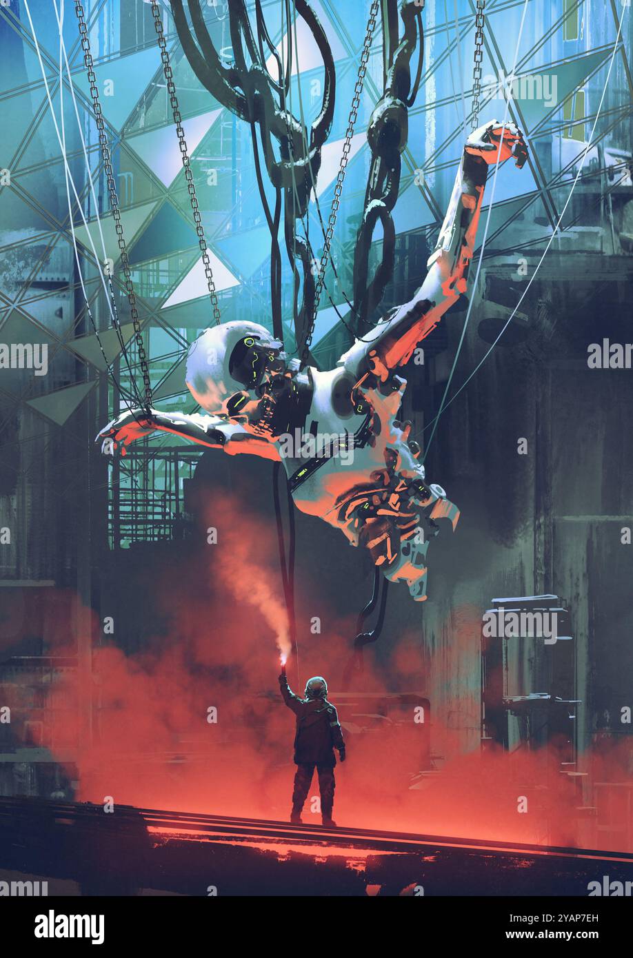 A large, suspended robot is being repaired in a futuristic industrial ...