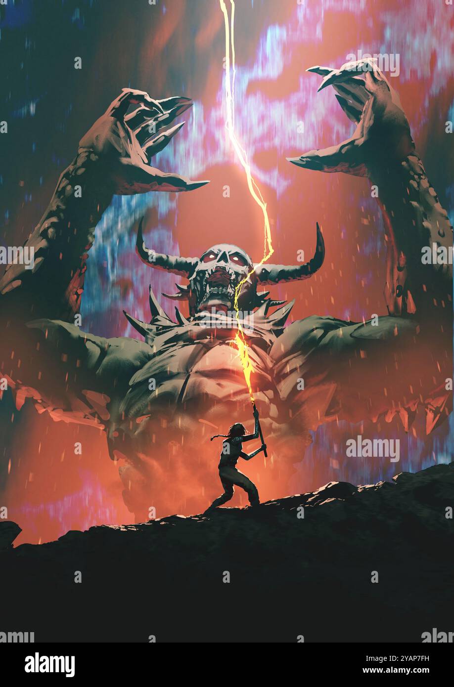 A female warrior wields a lightning-charged weapon, confronting a ...