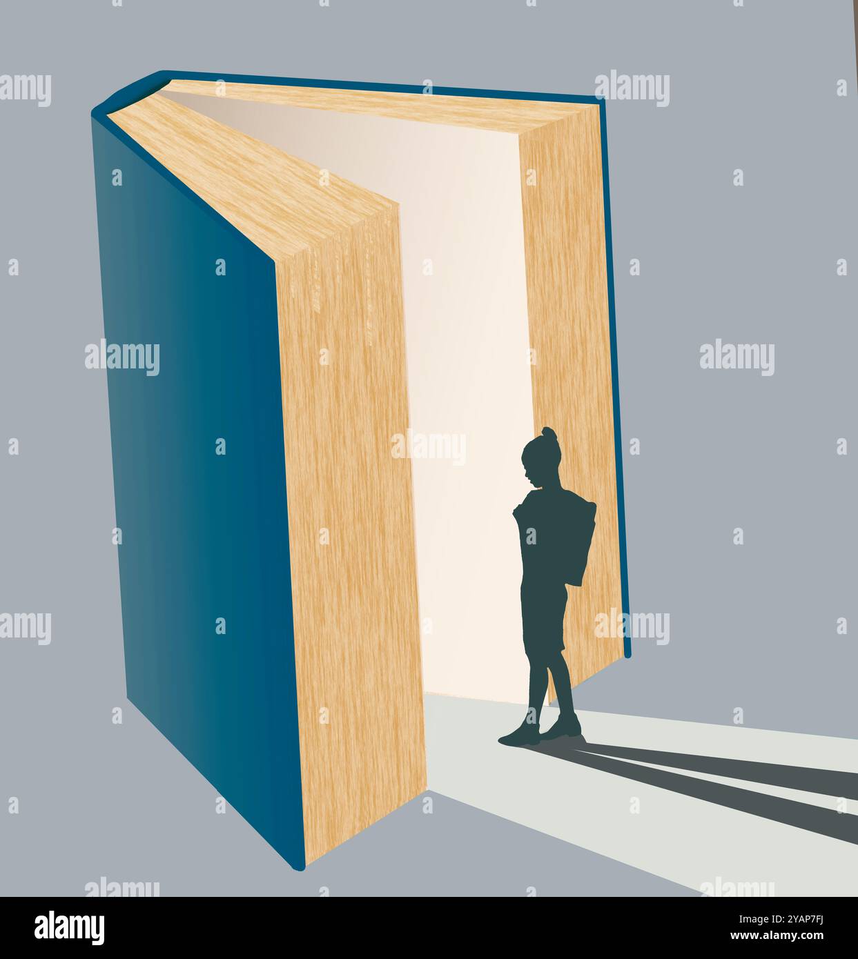 A school student cautiously approaches an open book in a 3-d ...