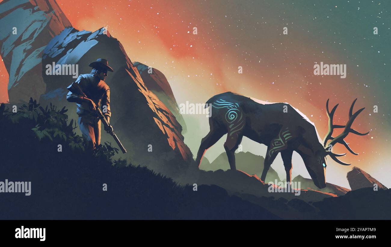 A lone hunter with a shotgun stalks a glowing, mystical stag marked ...