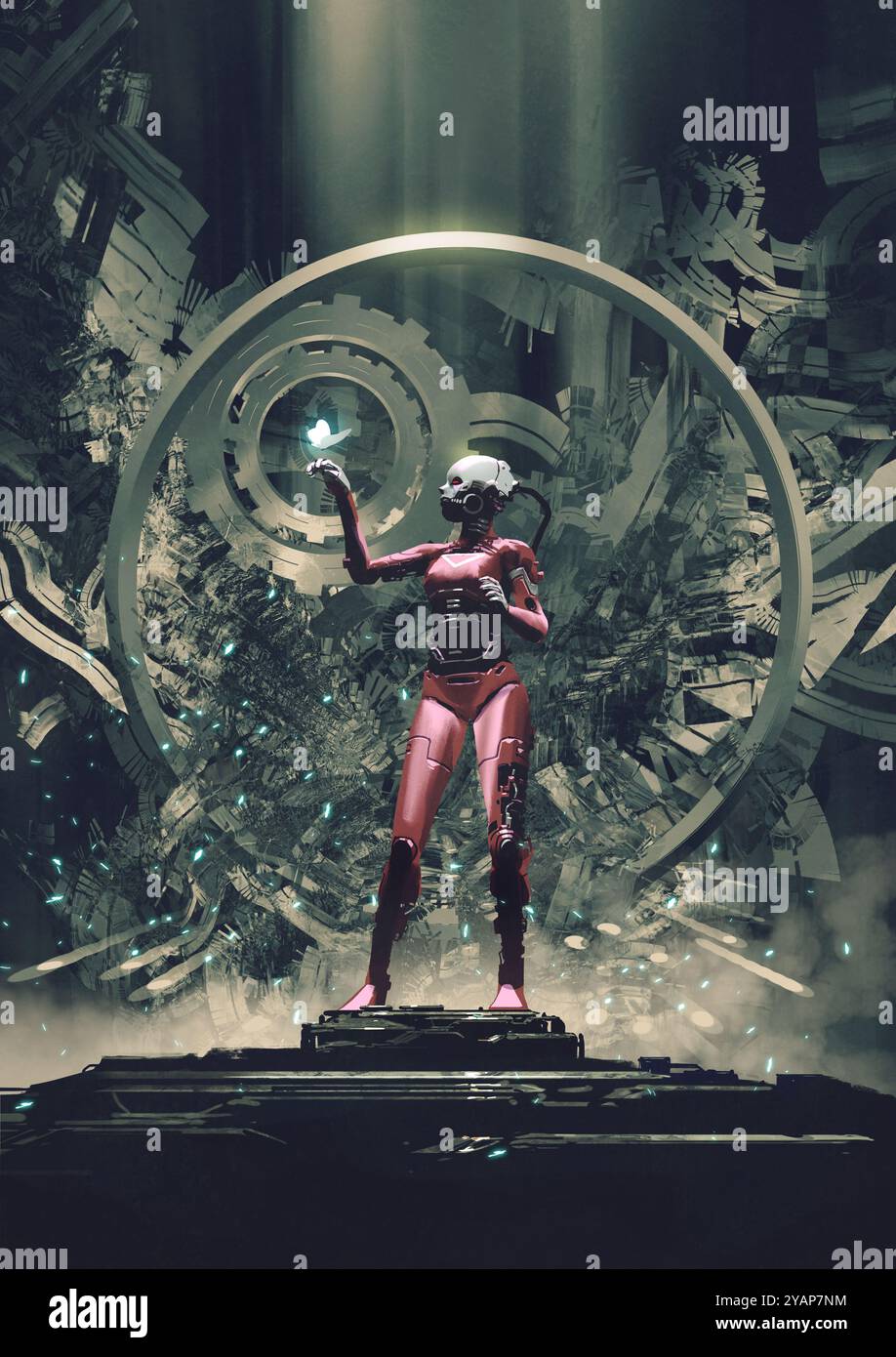 A red robotic cyborg stands in a futuristic, industrial setting ...