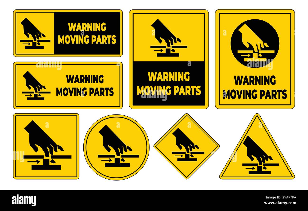 This collection features various caution signs warning about moving ...