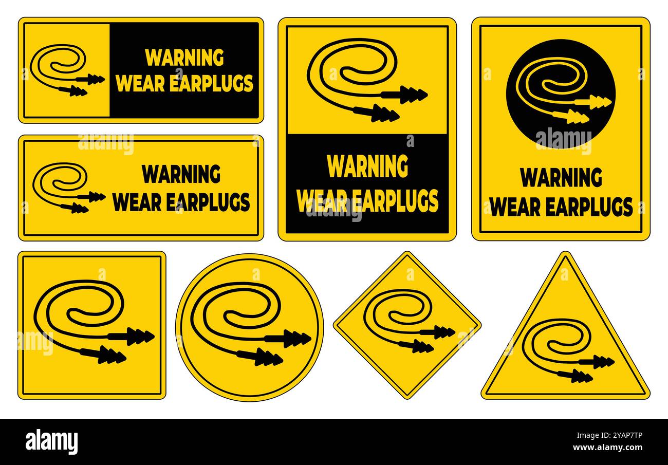 A collection of colorful ear protection warning signs highlighting the ...