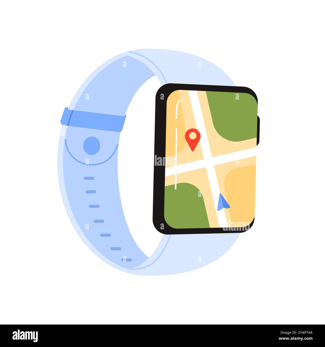 Smart watch with blue wristband and GPS navigator, screen with route on ...