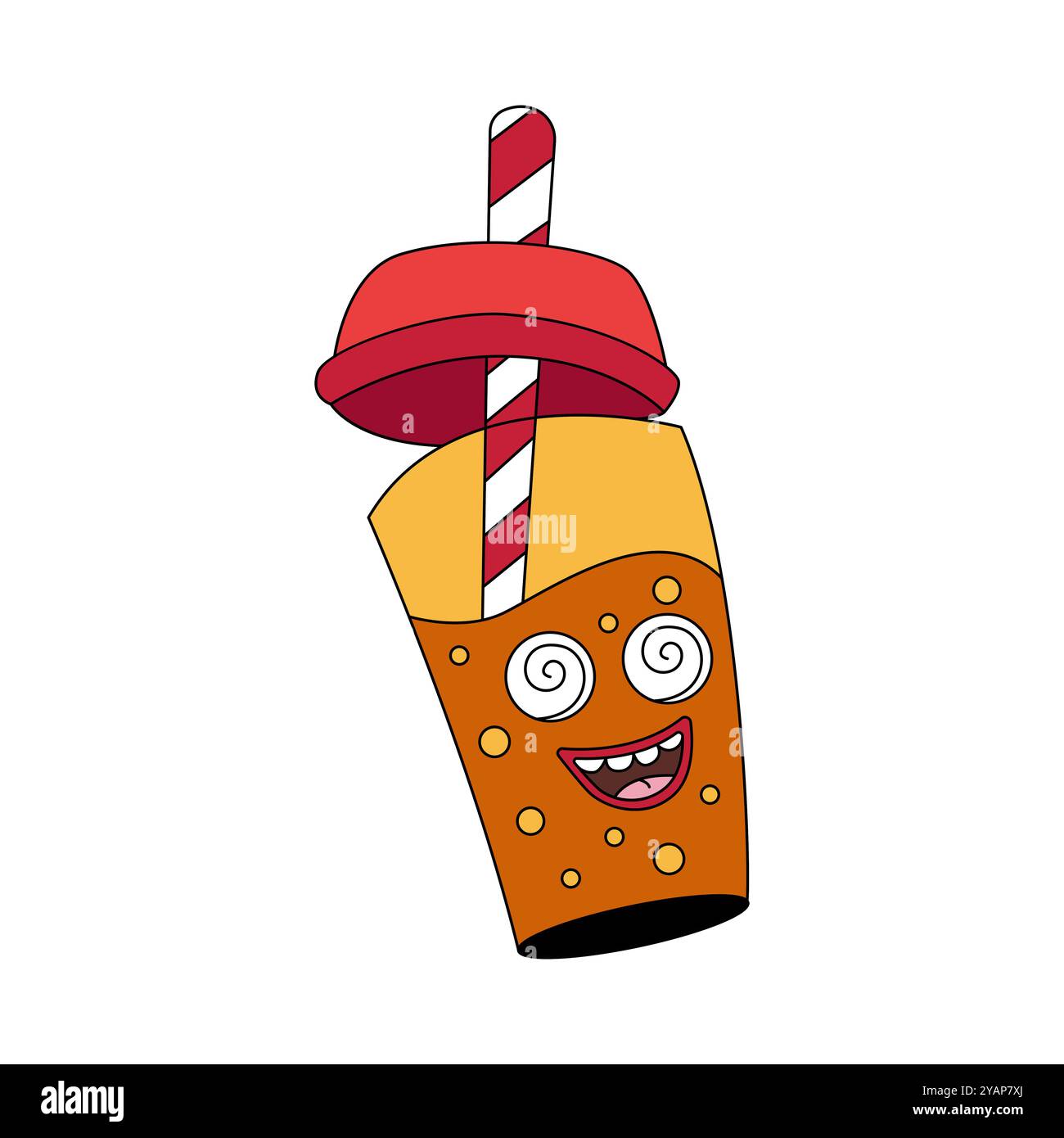 Groovy cup of soda water character with straw and spirals of ...