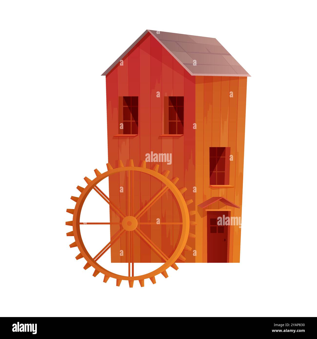 Old wooden water mill tower with big wheel, watermill farm house vector ...