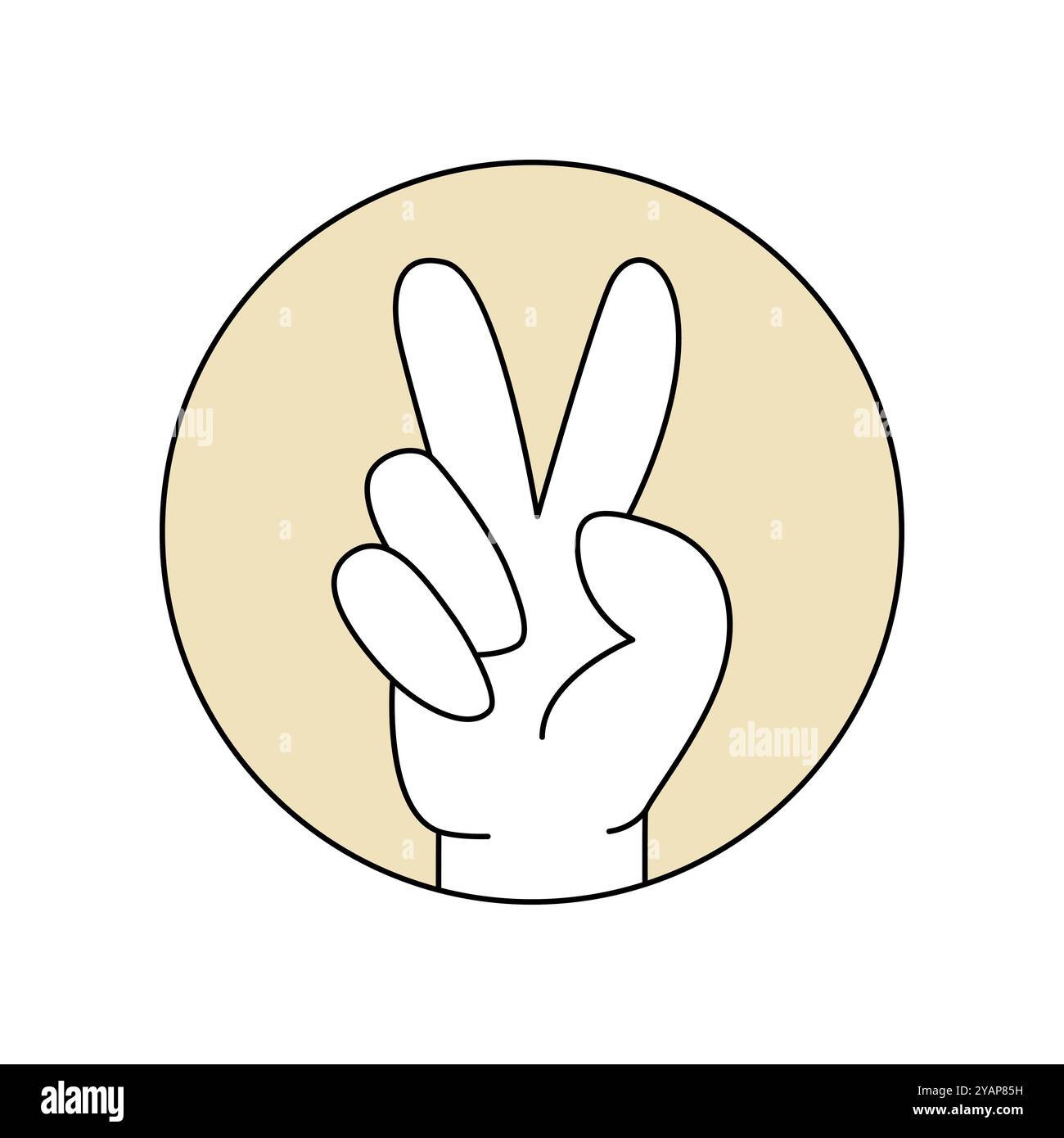Groovy psychedelic sticker of round shape with hand gesture V sign for ...