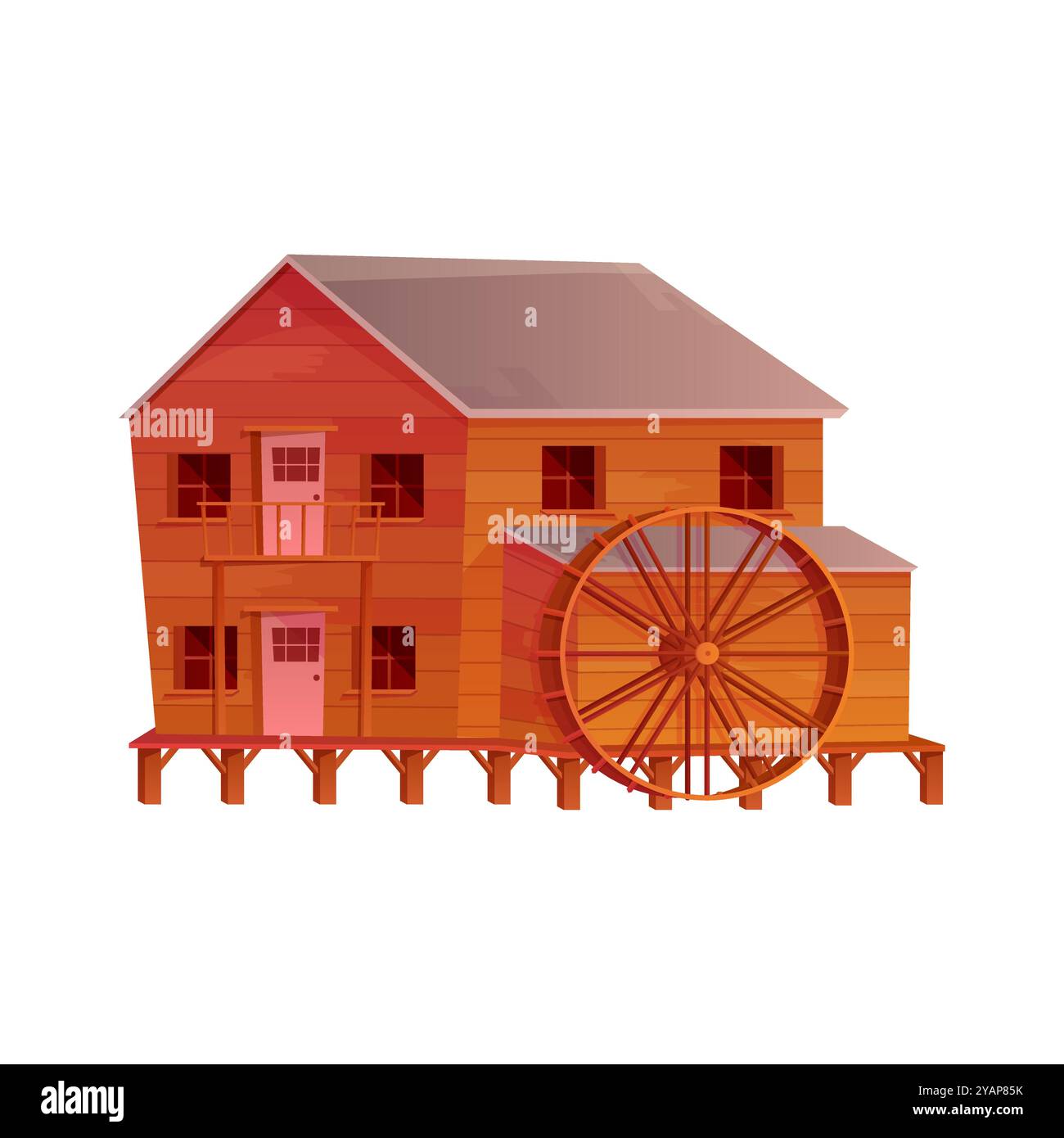 Old wooden house of water mill with wheel for milling wheat grains ...