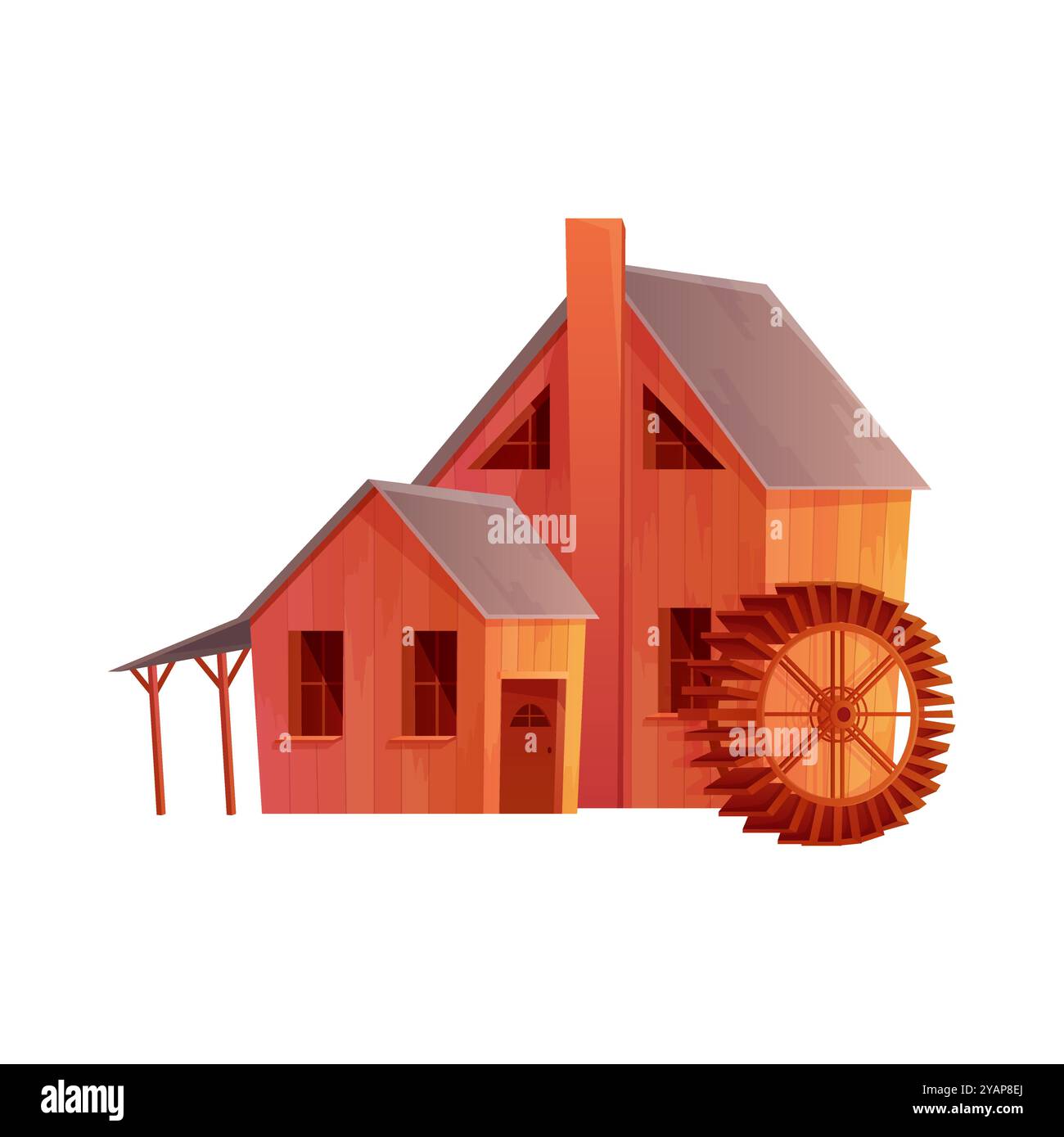 Old wooden water mill house with waterwheel and rural farm barn vector ...